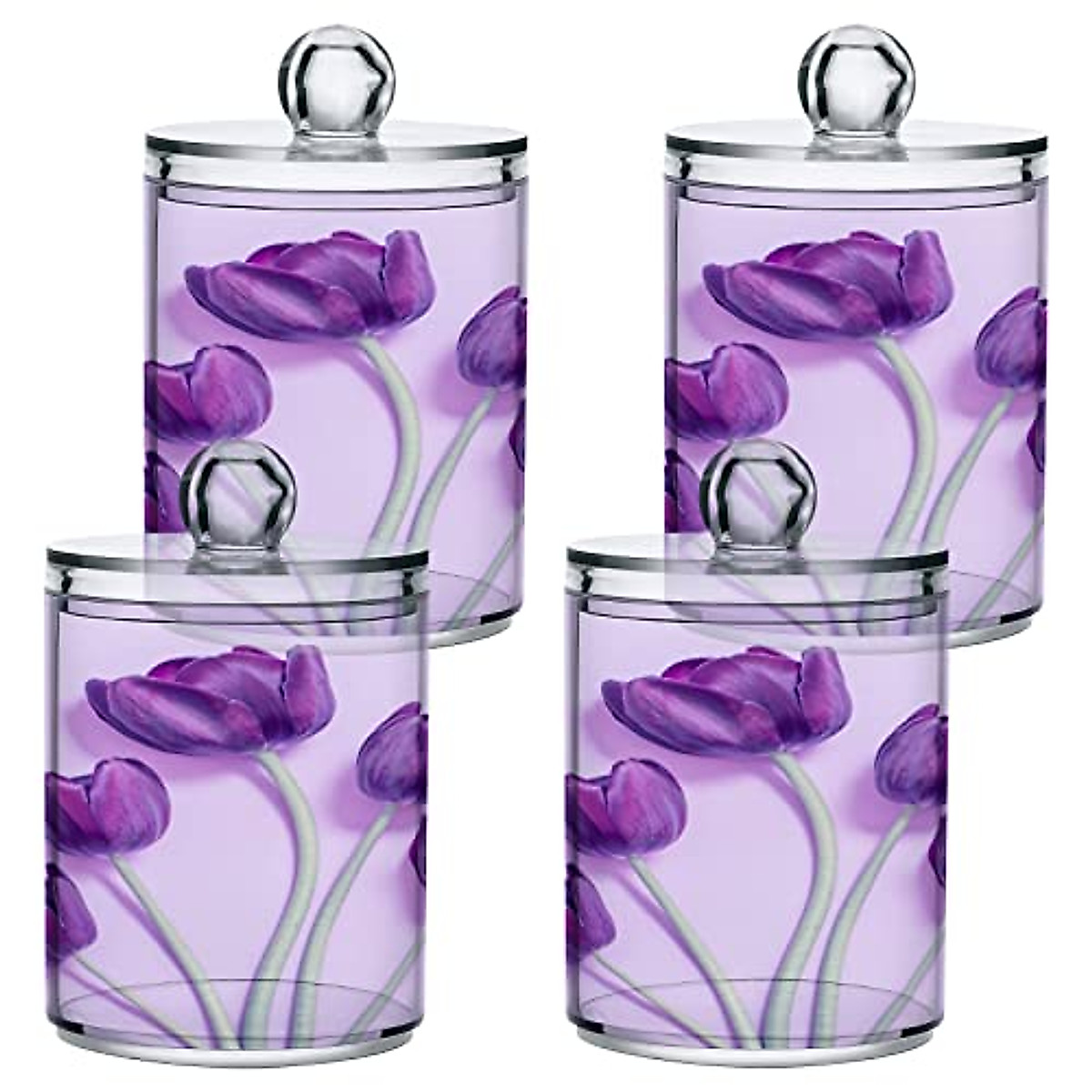 Kigai 2PCS Purple Tulips Qtip Holder Dispenser with Lids - 14 oz Bathroom Storage Organizer Set, Clear Apothecary Jars Food Storage Containers, for Tea, Coffee, Cotton Ball, Floss