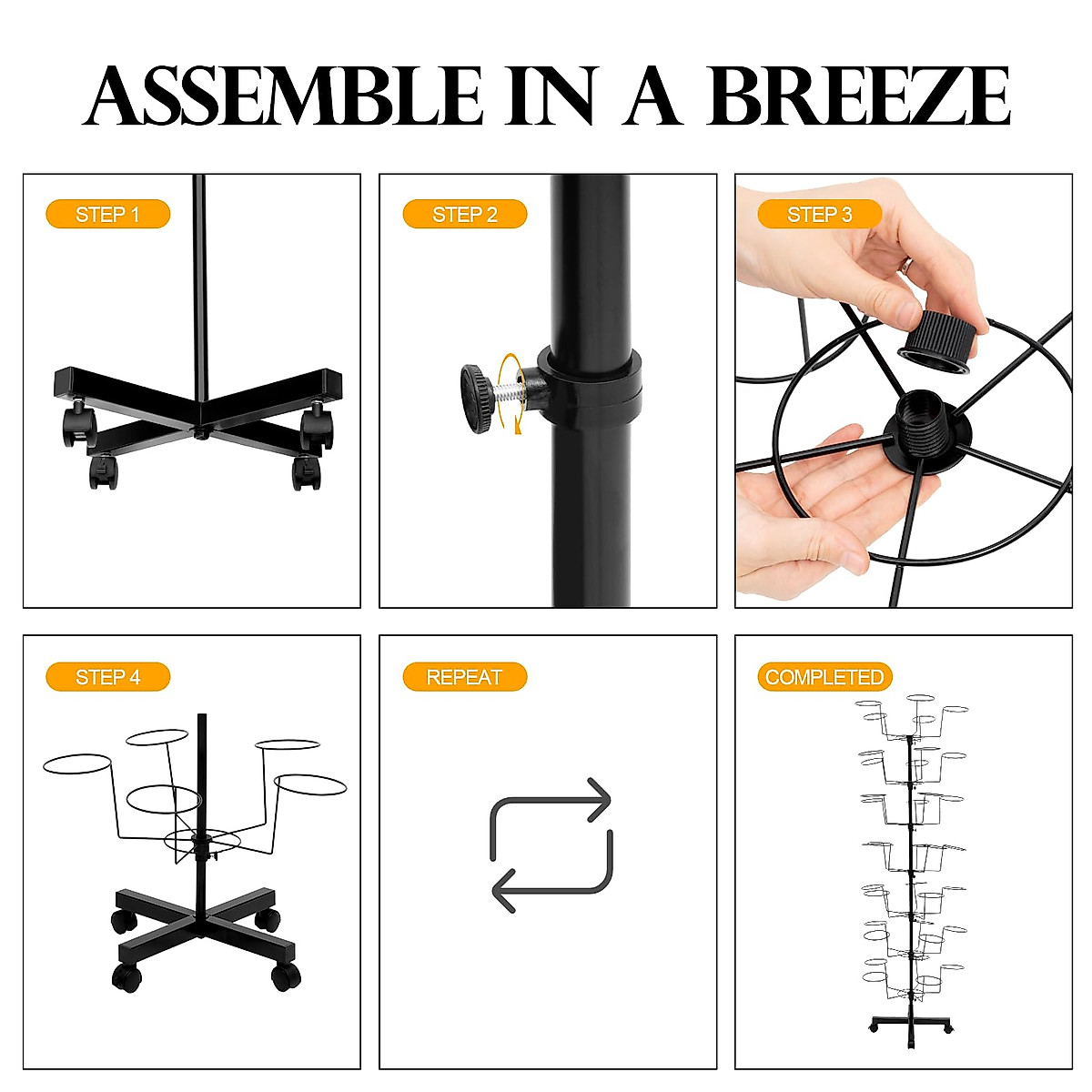 DDBESSIC 7-Tier Rotating Hat Display Rack, 35 Hooks Metal Freestanding Retail Display Stand Commercial Large Headwear Wig Rack Metal Floor Rack for Hats and Wigs (Black)