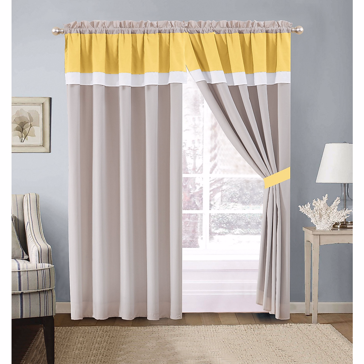 Grand Linen 4 Piece King Size Sunshine Yellow/Grey/White Color Block Milan Down Alternative Comforter Set 104" X 90" Bedding