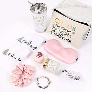 10 Pieces Chaos Coordinator Gifts Set: Thank You Gifts 20 OZ Tumbler,Candle,Scrunchies Hair Tie,Bracelet,Makeup Bag,Socks,Greeting Card,Bath Sall Ball,Sleep Mask for for Women Coworkers Boss