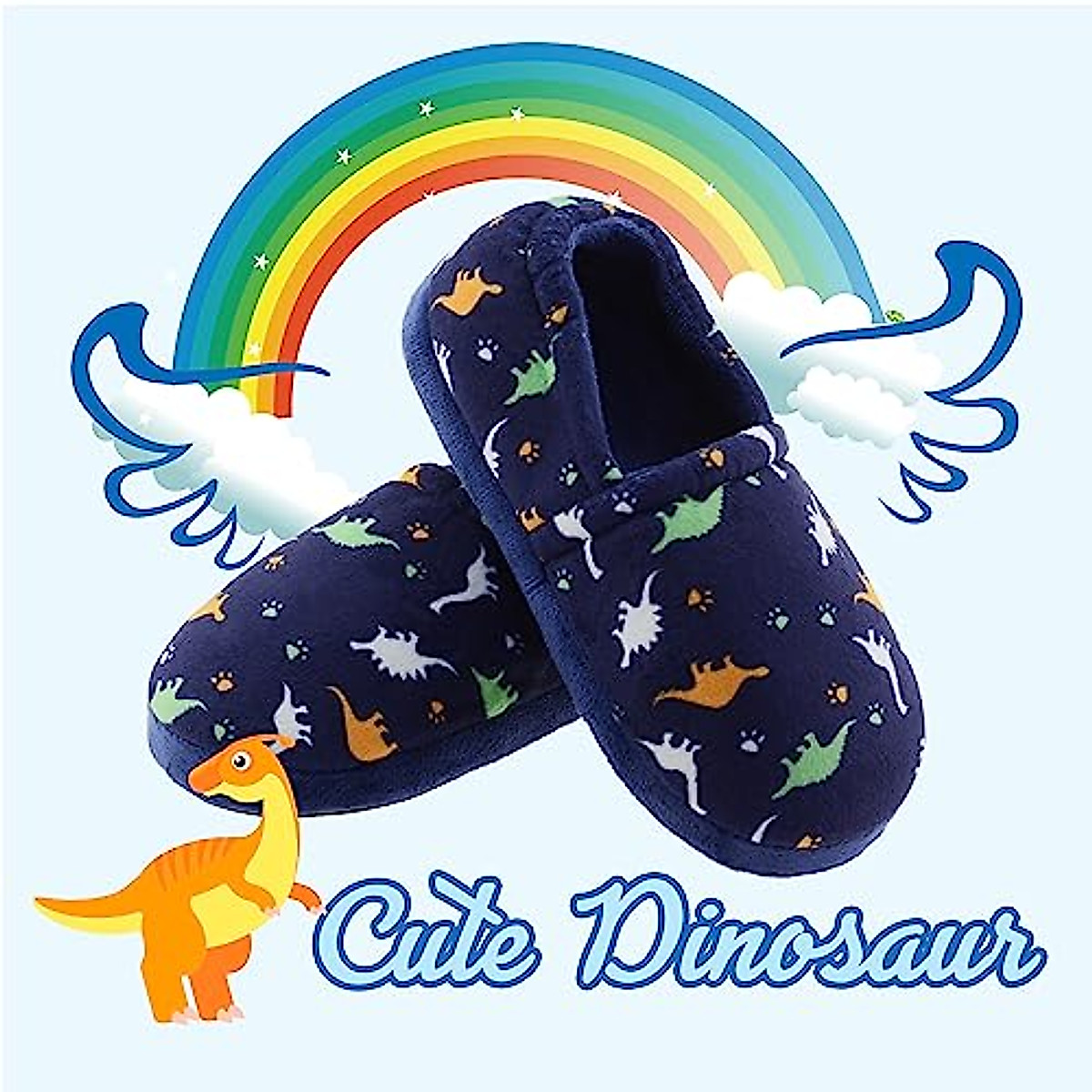 LseLom Dinosaur Slipper for Toddler Boys Little Kid Fuzzy Memory Foam Slip resistant Animal House Slippers US 2 Big Kid Blue