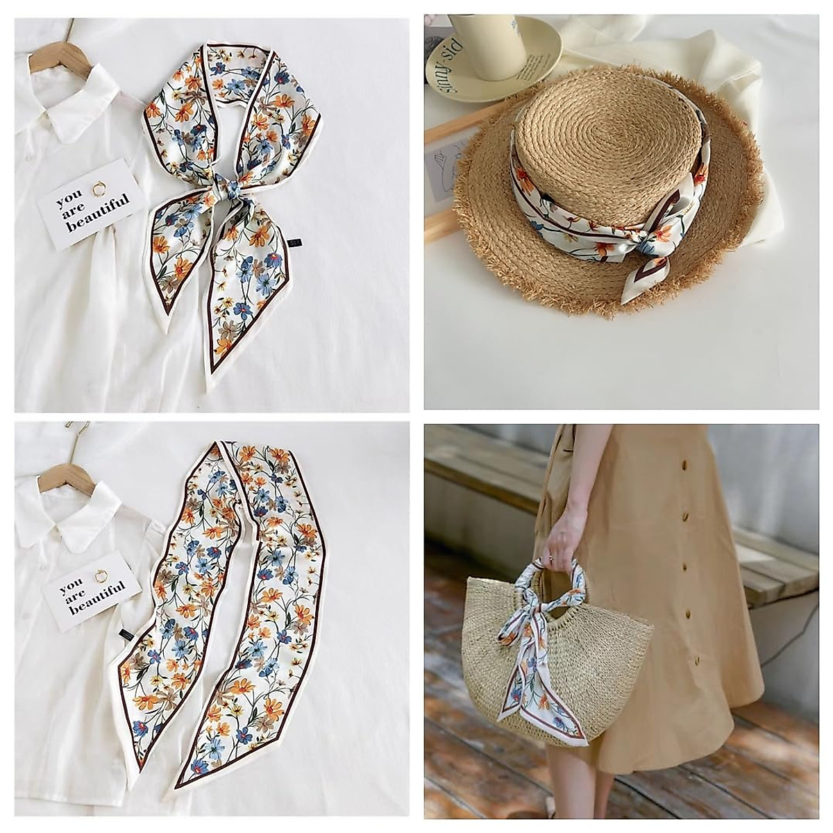 Livrerpi Double-sided Satin Silk Scarf Fashion Handbag Accessories Long Hair Head Neck Scarf 5.12 x 59inch 01