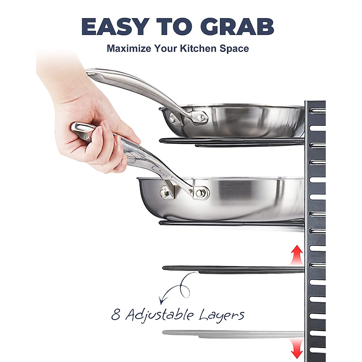 BRONYPRO Adjustable Pots and Pans Organizer for Kitchen Cabinet, Rustproof Storage Organizer Rack for Heavy Pots Pans with 8 Slots, for Skillets, Frying Pan, Pot Lids, Kitchen Must Have (Black)