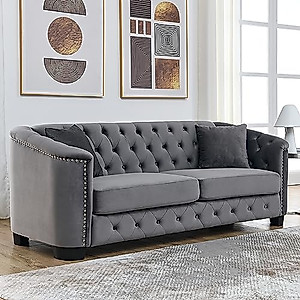 EMKK 77" Chesterfield Velvet Sofa, 3-Seater Upholstered Couches Tufted Backrests with Nailhead Arms and 2 Cushions for Living Room, Bedroom, Apartment, Office, G-Grey