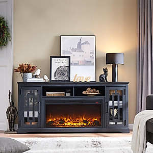 JXQTLINGMU Fireplace TV Stand with 36" Electric Fireplace for 80 Inch TV, Farmhouse 32" Tall Highboy Entertainment Center w/6 Shelves, Modern Media Console w/Storage for Living Room, Black