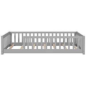 Twin Size Montessori Floor Bed for Kids,Twin Floor Bed Frame with Slats,Solid Wood Twin Bed Frame for Girls Boys,Grey