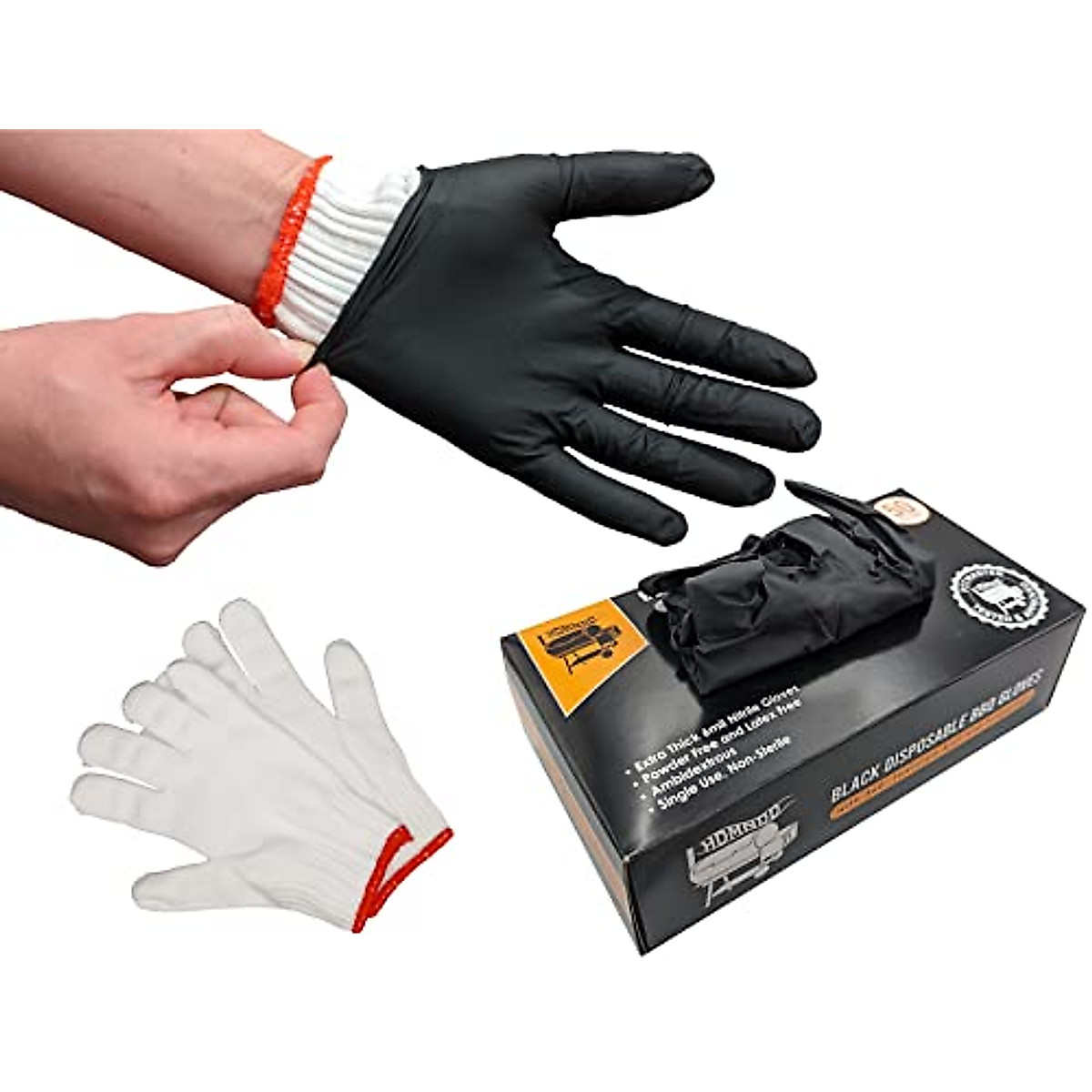 HDMNDD Black Disposable BBQ Gloves Kit with 50 Heavy Duty Textured Fingertip Grips and 2 heat resistant, washable, reusable Glove Liners for Grill BBQ Cooking Gloves, Meat Gloves for Pulling Meat
