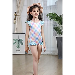 LUOUSE Toddler Girls Stretch Swimsuit Ruffle-Accent One Piece Bathing Suits, Cute Ruffle Swimwear for Girls, Plaid 5-6 T