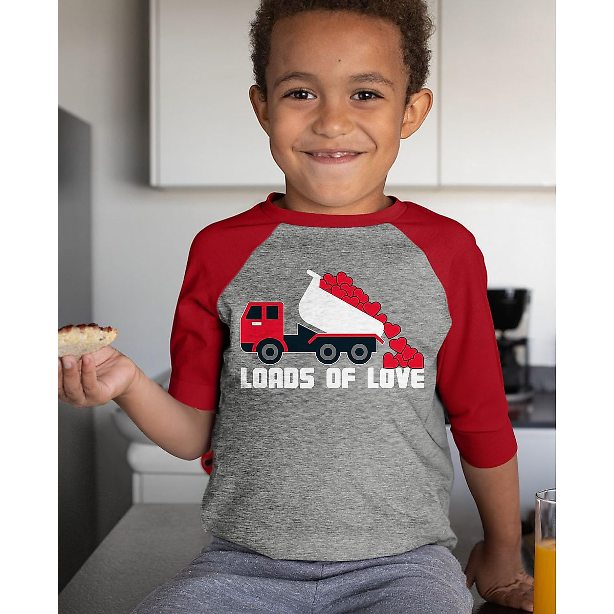 Truck with Hearts Loads of Love Boys Valentines Day Shirt Dabbing Heart Valentine's Toddler Kids Raglan 3/4 Sleeve T-Shirt 5T Red