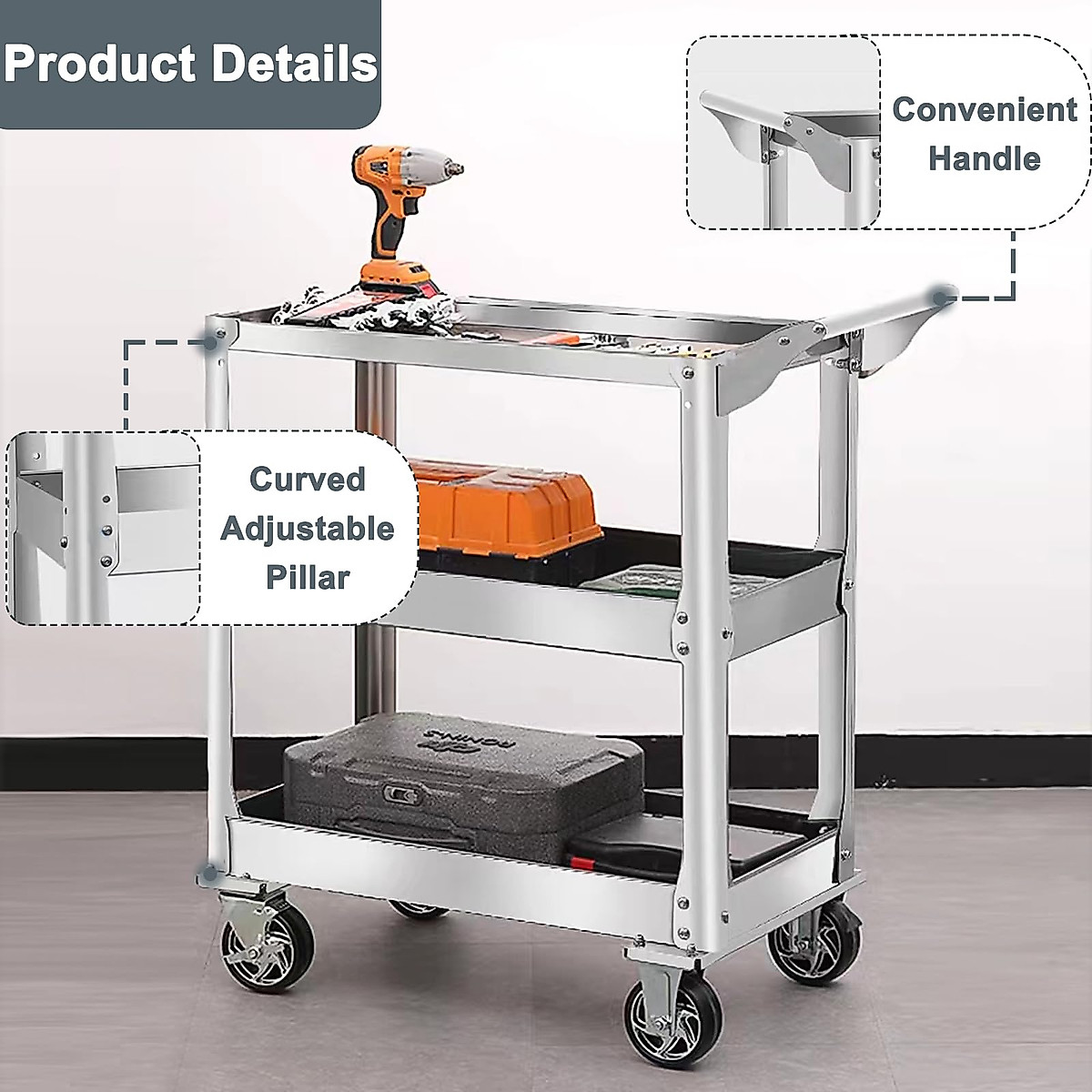 3-Tier Stainless Steel Utility Cart, 1100 lbs Heavy Duty Service Cart with Wheels, Rolling Tool Cart on Wheels, Work Cart for Mechanic, Garage, Workshop, Warehouse, 18.1" D x 30.7" W x 36.2" H