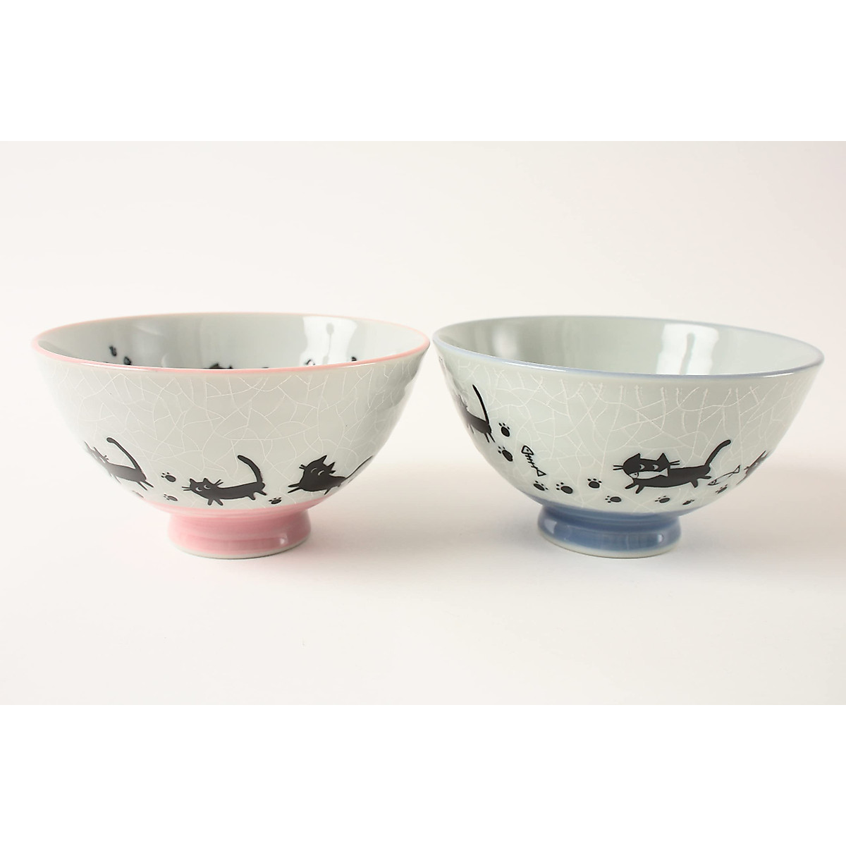 Mino ware Japanese Pottery Pair Rice Bowl Black Cats & Foot Prints Blue & Pink made in Japan (Japan Import) MIG005