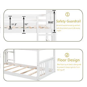 Montessori Floor Bunk Bed Twin Over Twin, Twin Bunk Bed with Slide and Ladder, Kids Bunk Beds with Guardrail Headboard and Footboard, Low Bunk Beds for Kids, Boys, Girls, Twin Bunk Bed White