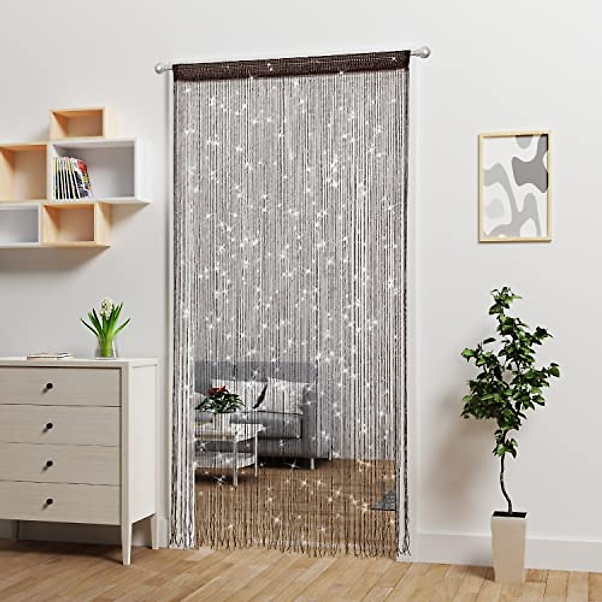 2 Pcs Door String Curtain Doorway Beads Curtains,Hanging Room Divider Beaded Decor Hippie Glitter Fringe Panel Closet Window Wall Backdrop Doors Sequin Sheer Boho Doors Tassel (2, Coffee, 39×79in)