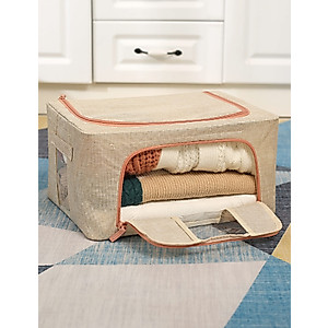 Foldable Clothes Storage Bags with Large capacity, Strong Metal Frame Support, Cotton linen, Cream-colored, BlueGift
