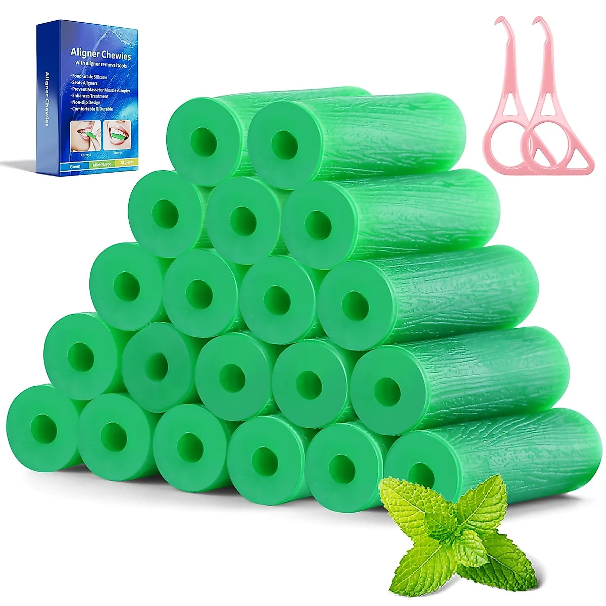 Aligner Chewies for Invisalign Aligners - Mint Scented (20Pcs Chewies) and 2 Aligner Removal Tools