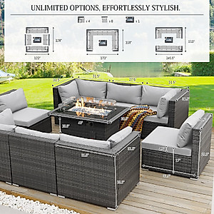 BULEXYARD Grey PE Wicker Patio Furniture Sectional Conversation Sofa Set with 43" Propane/Natural Gas Fire Pit Table, Large Size High Back Outdoor Furniture Set with Fireplace(13Pcs, Light Grey)