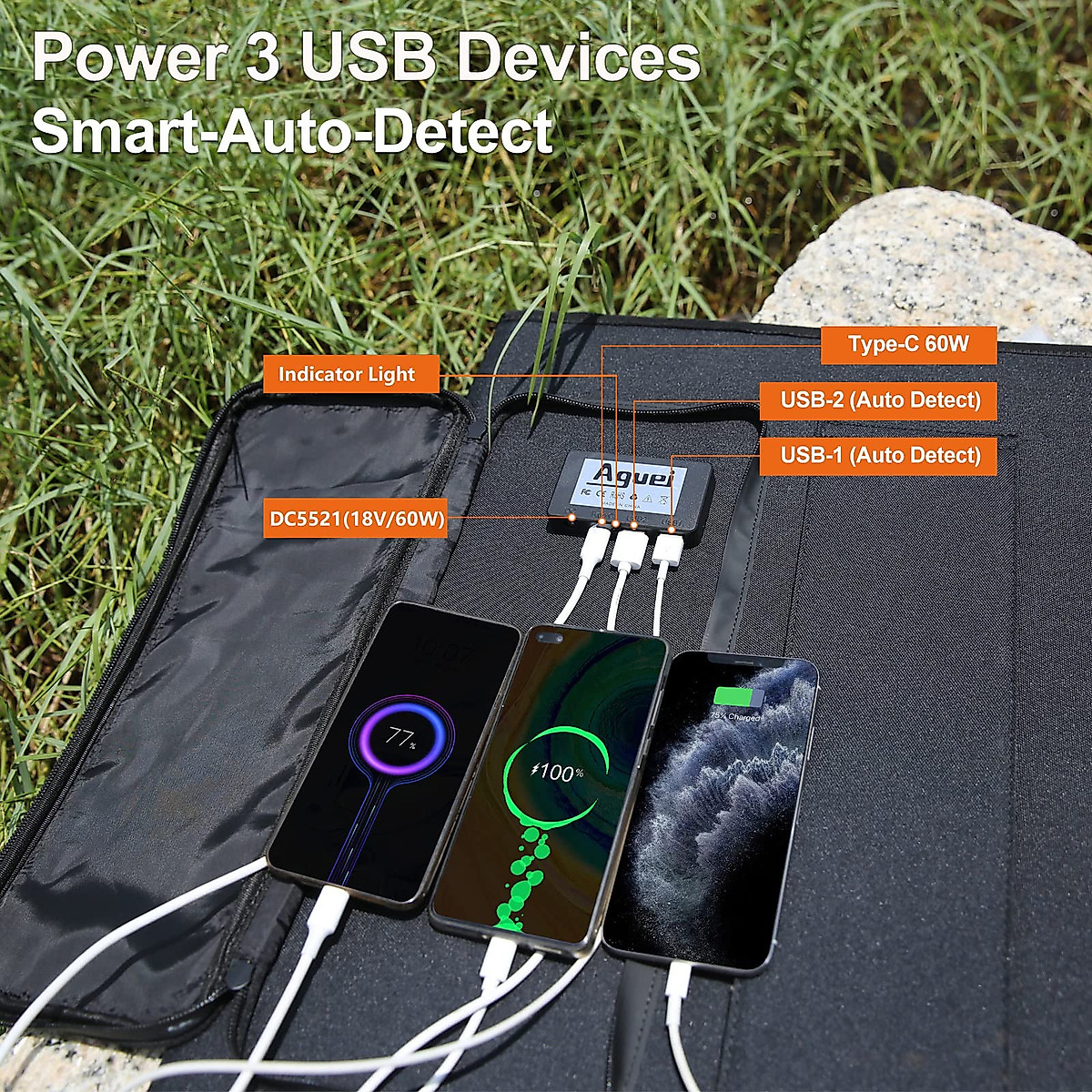 60W Foldable Solar Panel Monocrystalline,Aguei Solar Charger for Power Station,12V Battery,Solar Generator with Adjustable Kickstand and 3 USB for Outdoor Camping Vanlife RV Off Grid