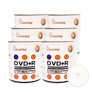 Smartbuy 600-disc 4.7gb/120min 16x DVD+R White Inkjet Hub Printable Blank Data Recordable Media Disc