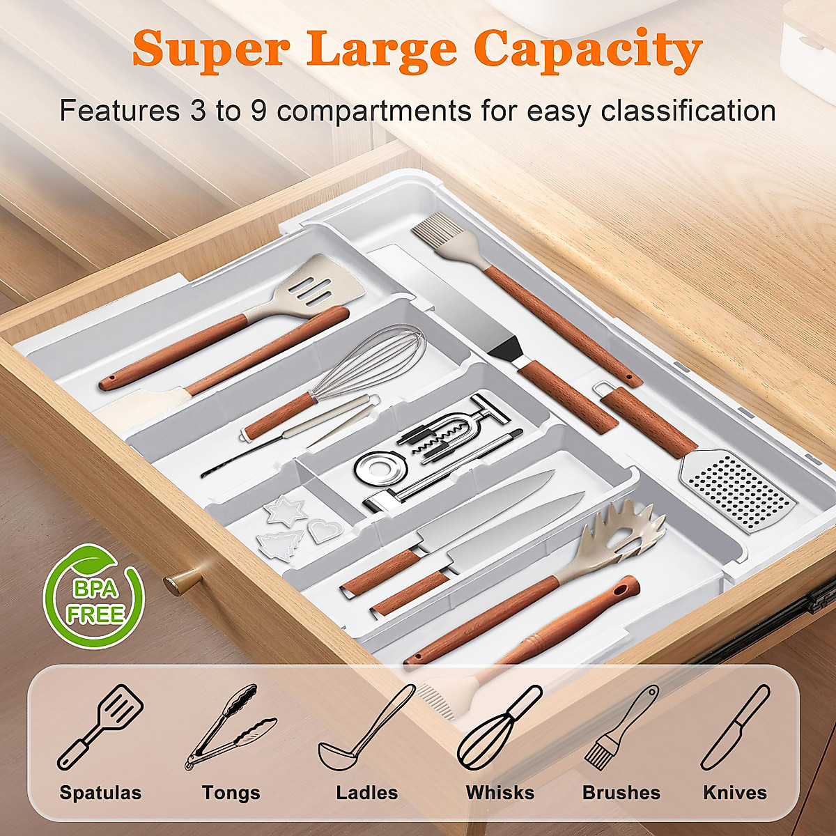 Spaclear Large Utensil Drawer Organizer Expandable Silverware Organizer for Kitchen Drawer Adjustable Cooking Utensil Holder Cutlery Flatware Tray Spatula Tools Gadgets Storage Dividers Plastic White