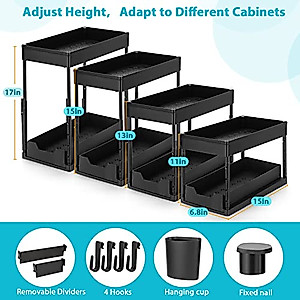 Under Sink Organizers and Storage, Adjustable Height Sliding Drawer 2 Tier Cabinet Organizer with Pull Out Drawer/Hook/Cup/Dividers for Bathroom Kitchen (Black)