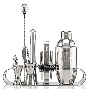 BAR NONE The Cocktail Set | 12-Piece Stand Bar Set Exquisite Quality Bartender Kit Tools | Martini Shaker Jigger Shot Muddler Spoon Ice Tongs Corkscrew Knife Bottle Opener Pourers (Stainless Steel, 1)