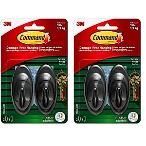 Command Outdoor Medium Terrace Hooks, Black, 3 lb Capacity, Water-Resistant Strips, 2-Hooks, 4-Strips, Decorate Damage-Free (Pack of 2)