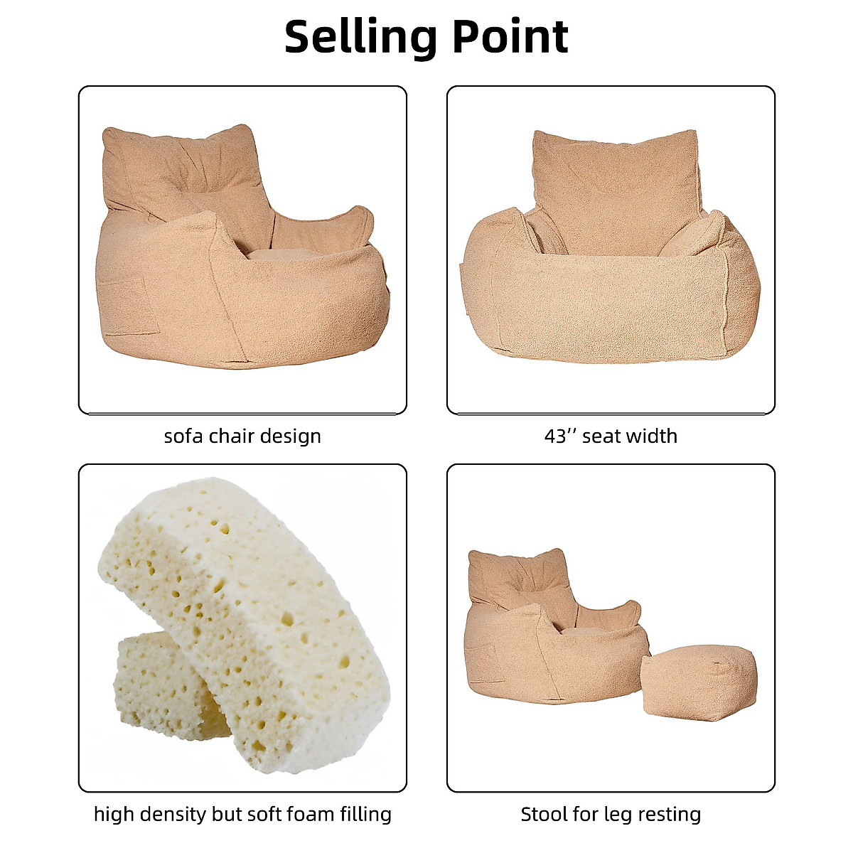 Large Bean Bag Chair for Adults, Giant Beanbag Chairs with filling, Beanbag chair with ottman, Soft Surface, High-Density Foam Filling, for sleeping and relaxing (CHAMPAGNE)