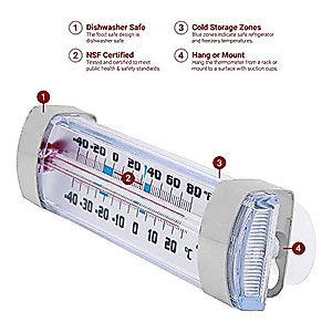 Escali AHF2 Shatter Proof Glass Refrigerator Freezer Thermometer with Suction Cups, Safe Temperature Indications, Fridge and Freezer Temperature Zones NSF Certified