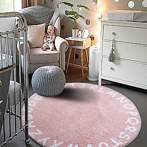 Lahome ABC Pink Round Rug for Girls Bedroom - 3ft Washable Small Classroom Rug Non Slip Alphabet Rug, Circle Nursery Rug for Kids Room, Cute Furry Plush Shaggy Crawling Play Mat for Children Toddlers