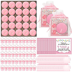Ctosree 50 Sets Baby Shower Favors for Guests 50 Pcs Cute Baby Pacifier 50 Pcs Tea Light Candles 50 Pcs Thank Tags 50 Pcs Chiffon Bags with Drawstring for Birthday Gift (Pink)