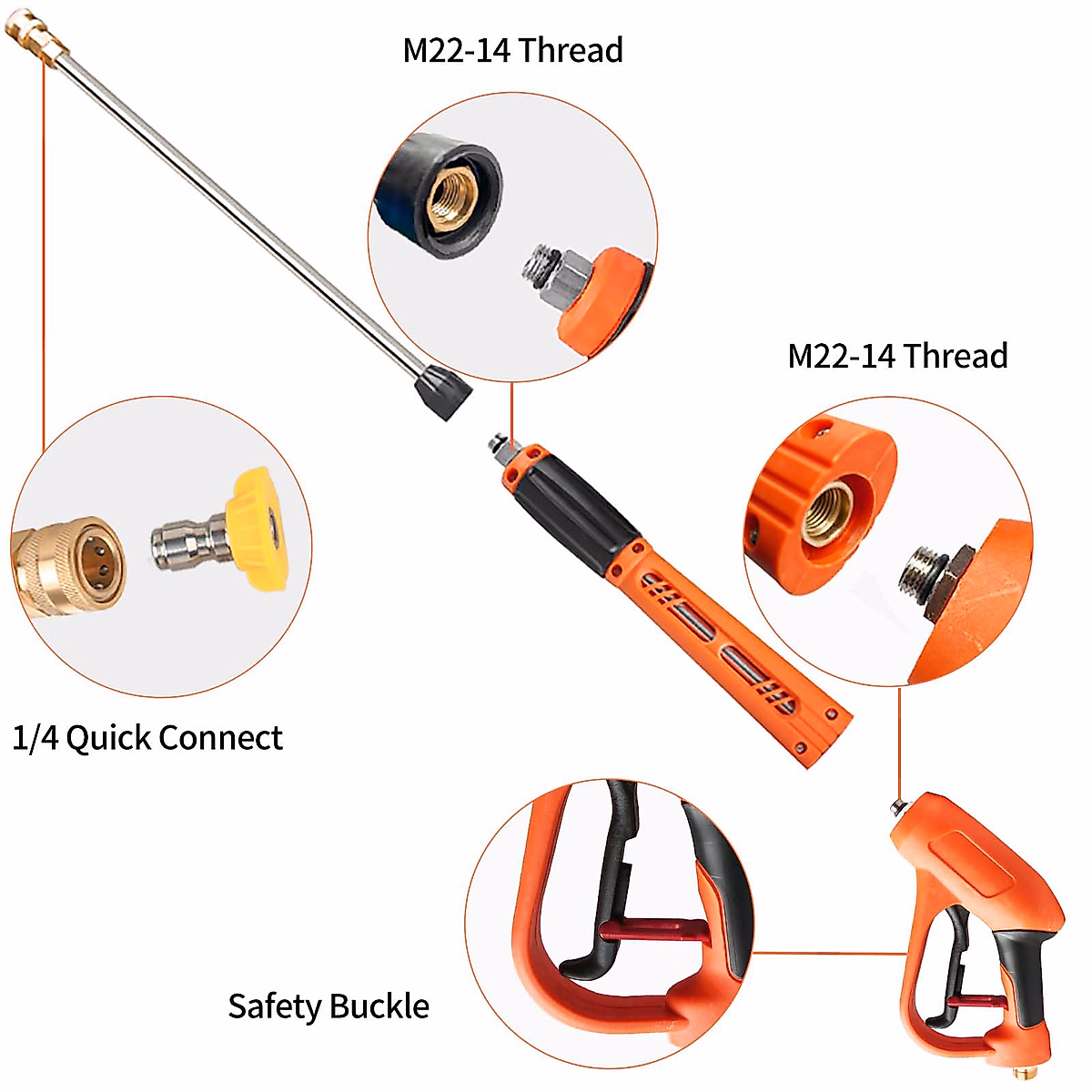 Sooprinse High Pressure Washer Gun, Power Washer Gun with Replacement Extension Wand, 5 Nozzles Tips, M22 Fitting, 37 Inch, 3000 PSI, Orange