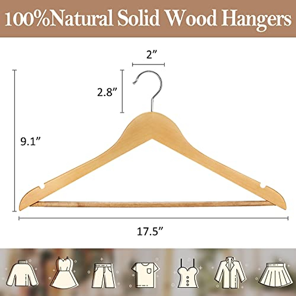 AMKUFO Wooden Hangers 20 Pack Wood Suit Hangers Non Slip Wooden Coat Hangers with Smooth Fnish Cut Notches 360° Swivel Hook Clothes Hangers for Jeans Pants Jackets Shirts Dresses, Natural