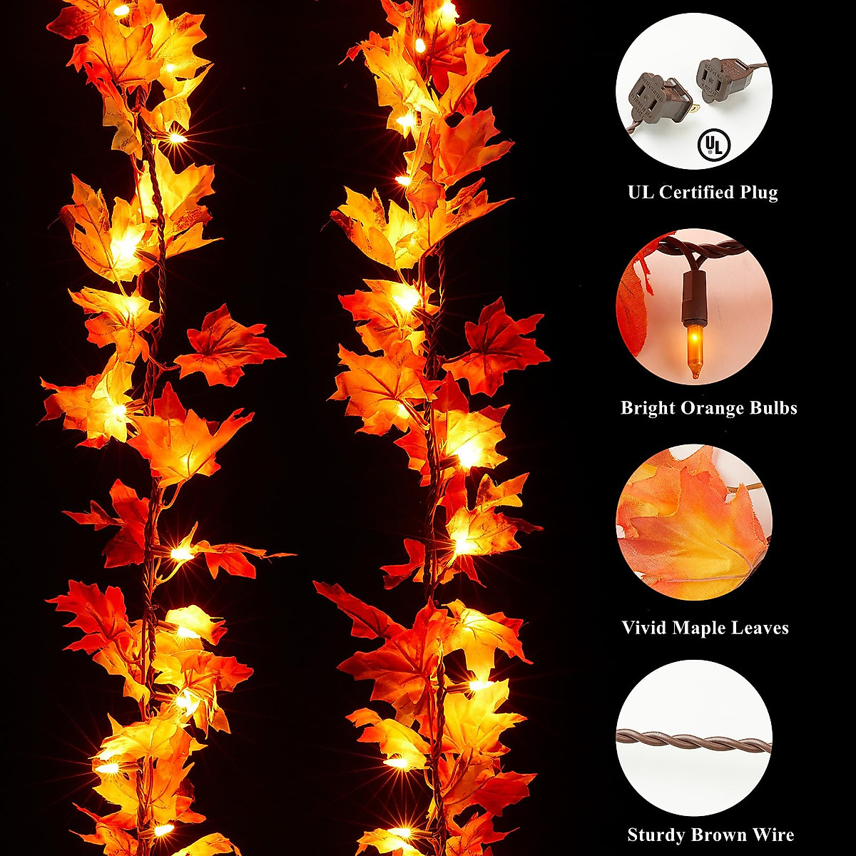 Fall Decor Fall Decorations for Home 9FT Plug in Fall Garland with Lights 50 Orange Bulbs Connectable Lighted Fall Garland Lights for Indoor Outdoor Halloween Thanksgiving Harvest Decorations