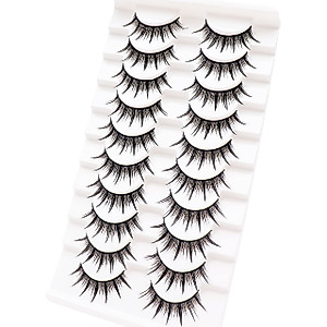 Losha Lashes Spiky False Eyelashes 16mm Wispy Manga Lashes Natural Wet Look 10 Pairs Reusable Fake Eye Lashes Pack (01)