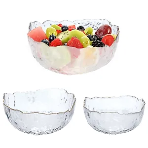 WHJY Glass Salad Bowl Set of 3, Mixing Bowls Decorative Fruit Bowl Serving Bowls for Kitchen,Clear Gold Rimmed Bowl Wide Rim Pasta Bowl