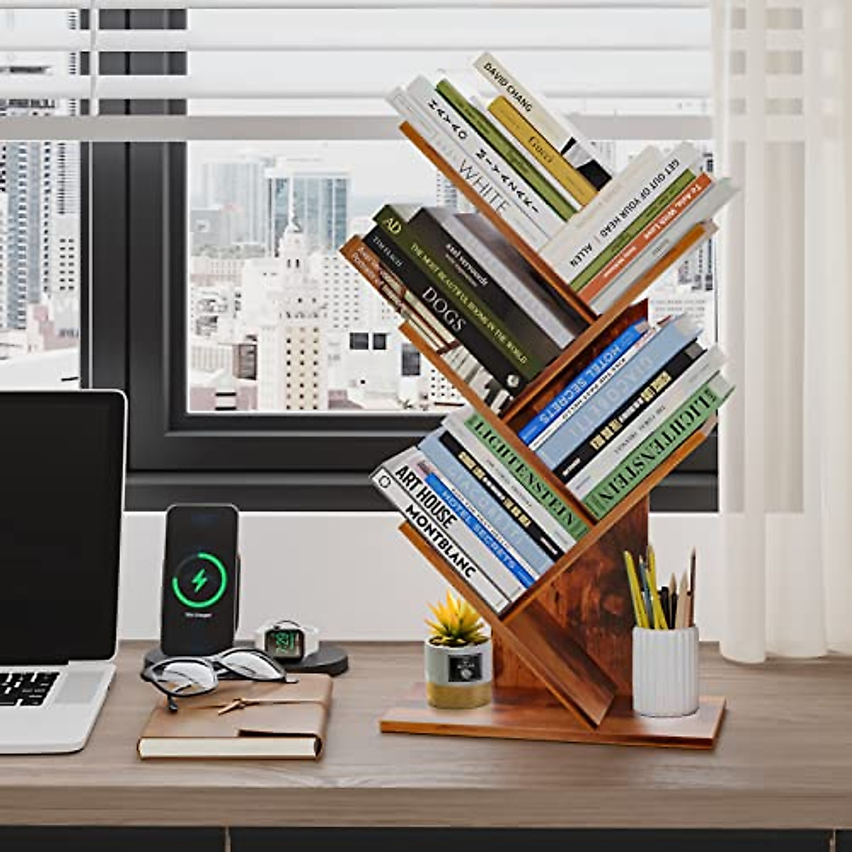 ZRWD Tree Bookshelf, 4-Tier Book Storage Organizer Shelves Floor Standing Bookcase, Wood Storage Rack for Office Home School Shelf Display for Cd/Magazine(Rustic Brown)