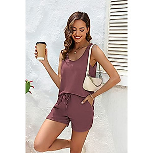 Andeip Waffle Knit Pajama Sets for Women Breathable Lounge Sets Sleeveles Top and Elastic Shorts pj Set Red L