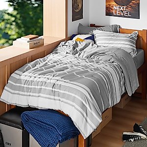 Bedsure Twin Comforter Set 5 Pieces, Grey Striped Bedding Set for Twin Size Bed Reversible, Cationic Dyeing Bed in a Bag with Comforter, Sheets, Pillowcase & Sham