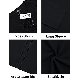 TURETRENDY Men's Cotton Linen Henley Shirt Lace Up Long Sleeve V Neck Casual Beach Hippie Shirts Black 3XL