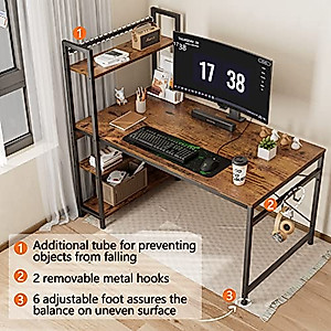 Engriy Computer Desk with 4 Tier Shelves for Home Office, 47" Writing Study Table with Bookshelf and 2 Hooks, Multipurpose Industrial Wood Desk Workstation with Metal Frame for PC Laptop, Rustic Brown