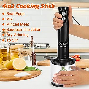 DEWIN Immersion Blender, 500 Watt 4-in-1 Hand Blender with Chopper, Whisk, Mixing Beaker, Electric Stick Blender with Two Speed Adjustable, Ergonomic handle