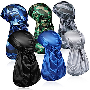 6 Pcs Durags for Men Silky Camouflage Durag Cap with Long Tail and Wide Straps Colorful 360 Waves Doo Rags Durag Du Rag Cap for Men and Women Hip Hop Rapper