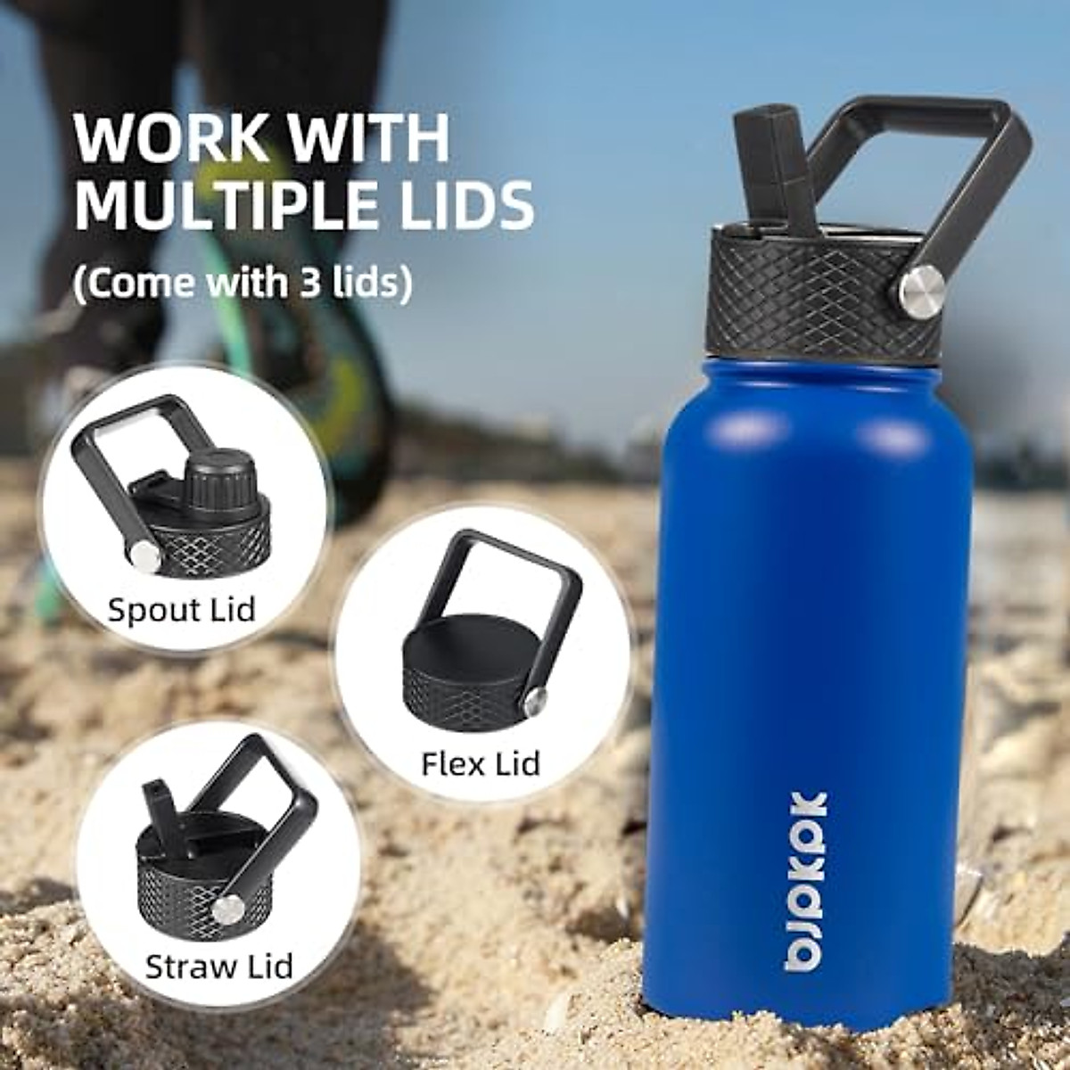 BJPKPK Insulated Water Bottles with Straw Lid, 40oz Stainless Steel Water Bottles with 3 Lids, Large Metal Water Bottle, BPA Free Leakproof Thermos Water Bottle for Sports & Gym- Army Green