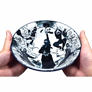 Mino Ware Japanese Wide Mouth Ceramic Bowl, Udon Ramen Noodle Soup Bowl, Ninja Design, Black