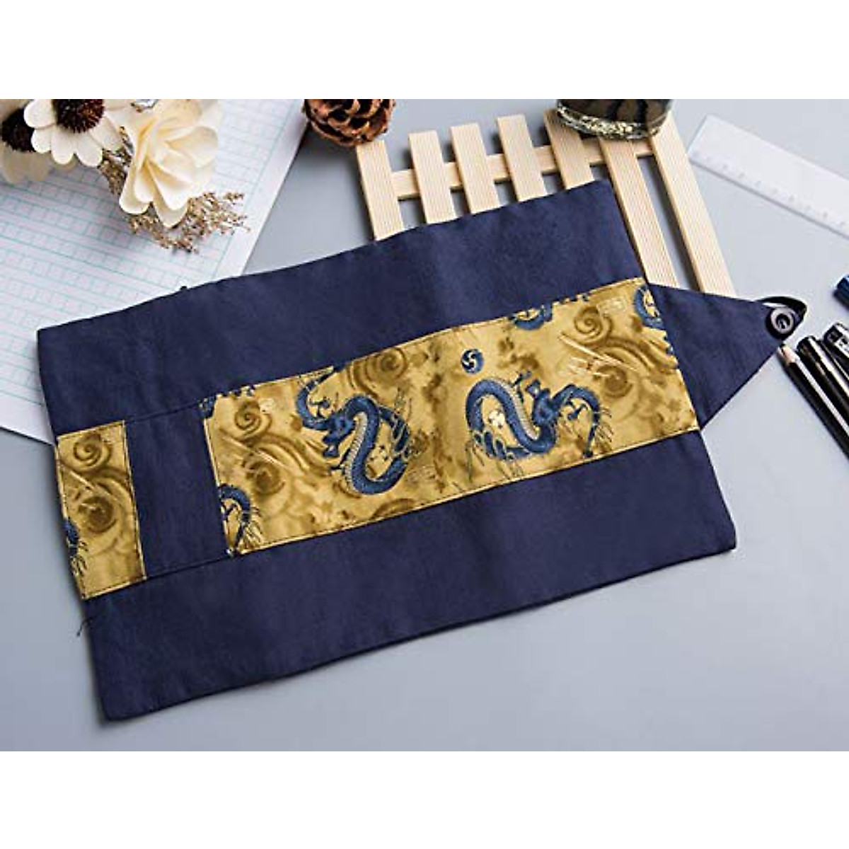 Canvas Pencil Wrap Pouch Cotton Roll Up Pen Organizer with Pencil Loops and Zipper Pocket,Travel Pen Pouch Case for Artists,Students(No Pencil Included) (Chinese Dragon)