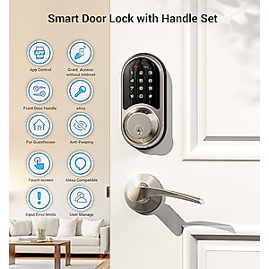 Veise Smart Locks for Front Door, 2 Lever Handle Set, Keyless Entry Deadbolt, App Control, Electronic Digital Touchscreen Keypad, Auto Lock, IP54 Waterproof, Easy Installation, Satin Nickel