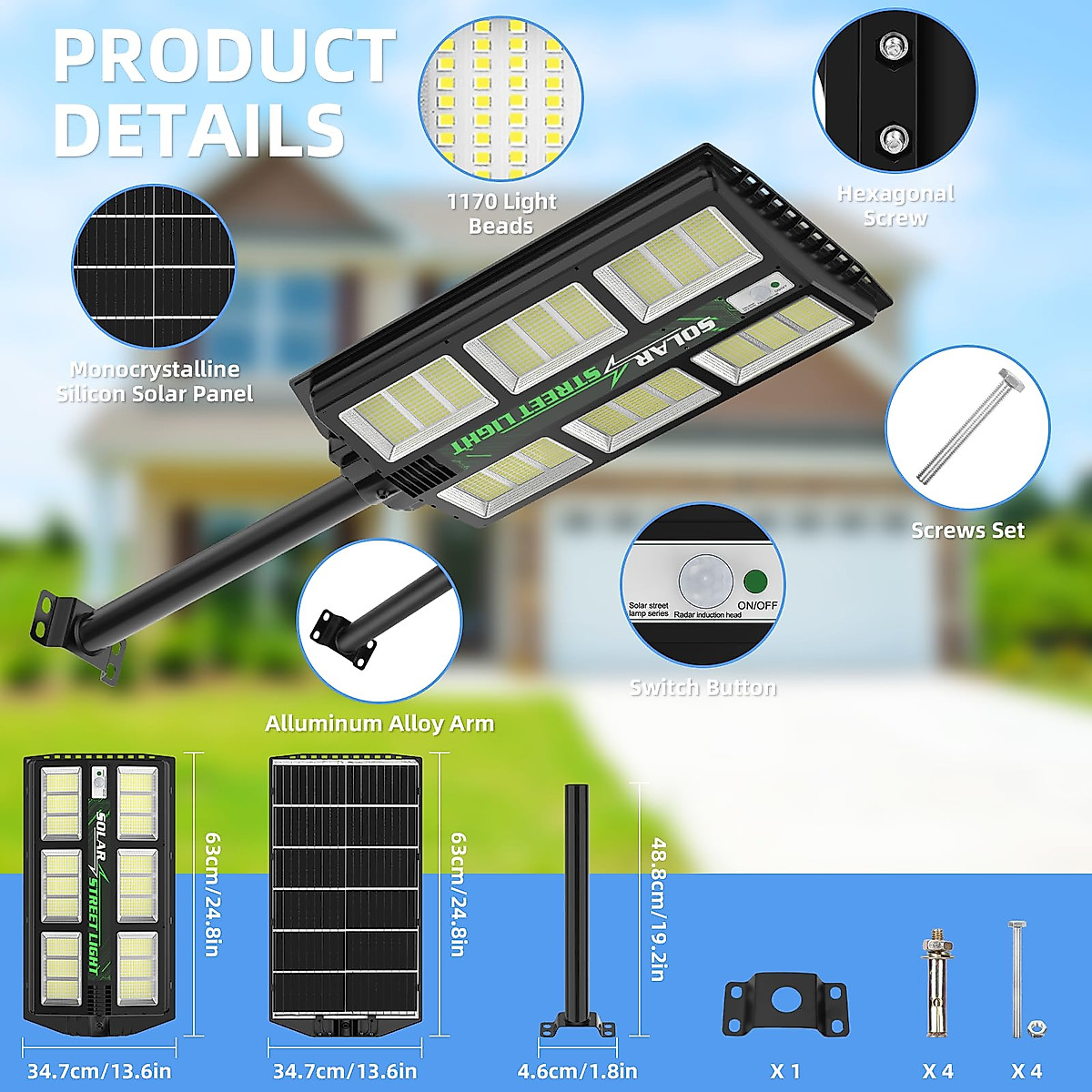 1200W Solar Street Lights Outdoor Waterproof with Remote Control, 1170 LEDS 6500K Solar Parking Lot Lights Dusk to Dawn, Waterproof IP65 Solar Street Light with Motion Sensor for Yard, Garage PACK