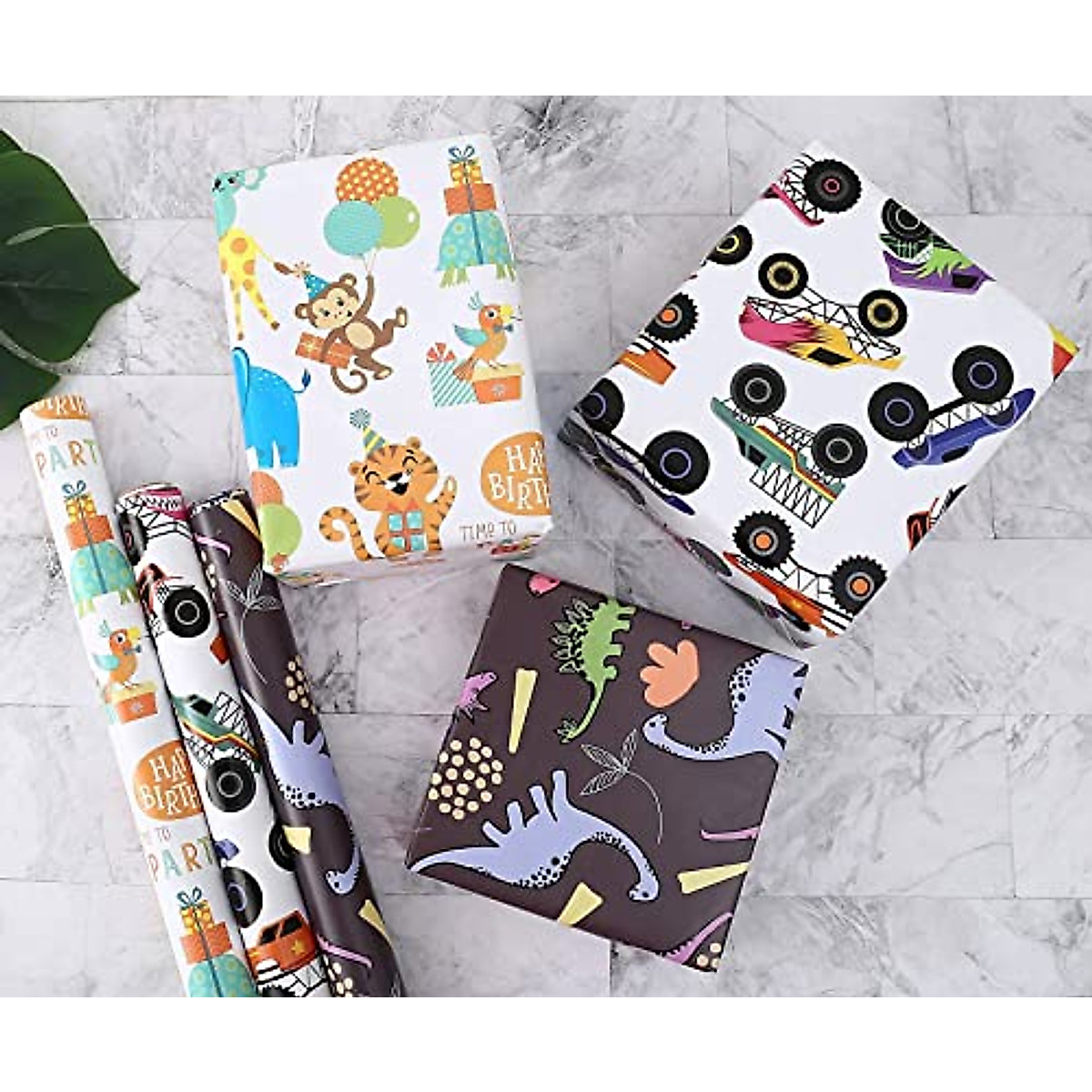 U'COVER Birthday Gift Wrapping Paper for Boys Kids Girls Baby Shower Wrapping Paper Roll 3 Styles Cartoon Dinosaur Monster Car for Holiday Anniversary