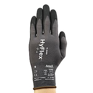 Ansell HyFlex 11-840 Ergonomic Abrasion-Resistant Nylon Spandex Nitrile Coated Industrial Gloves for Automotive, Fabrication - Large (9) Grey (3 Pairs)