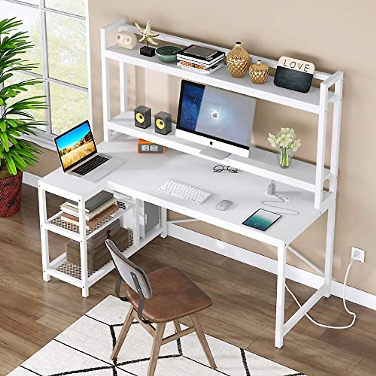 TIYASE Computer Desk with Hutch and Storage Shelves, 51 inch L-Shaped Corner Computer Desk with Power Outlet & Monitor Stand, Large Home Office Study Writing Table with USB Port & Tower Shelf, White